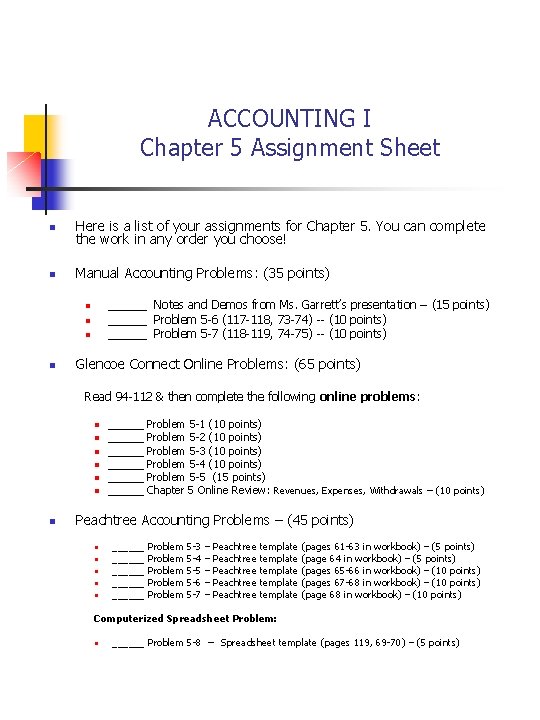 ACCOUNTING I Chapter 5 Assignment Sheet n Here