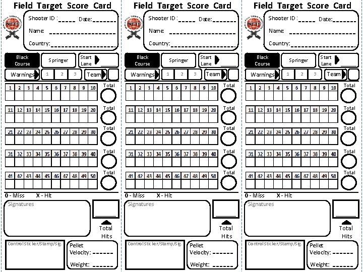 Field Target Score Card Shooter ID Date Name