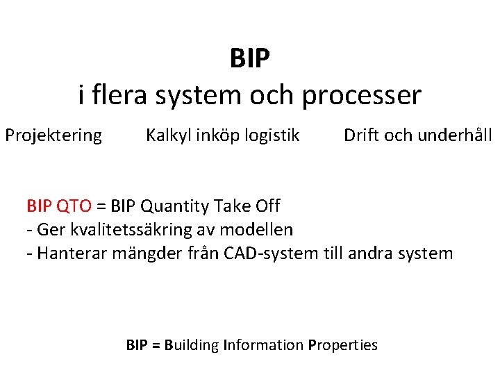 BIP i flera system och processer Projektering Kalkyl