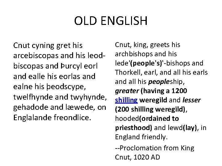 ROOTS OLD ENGLISH Cnut cyning gret his arcebiscopas