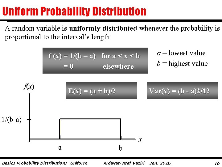 Basics Probability Distributions Uniform Ardavan AsefVaziri Jan 2016