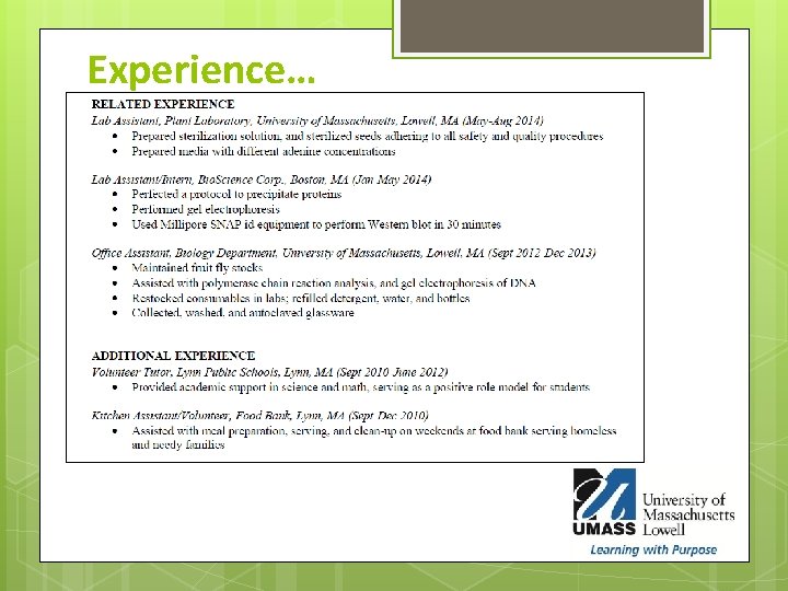 RESUMES COVER LETTERS University of Massachusetts Lowell CAREER
