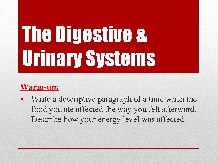 The Digestive Urinary Systems Warmup Write a descriptive