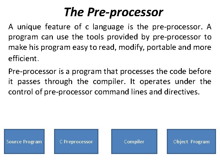 The Preprocessor A unique feature of c language