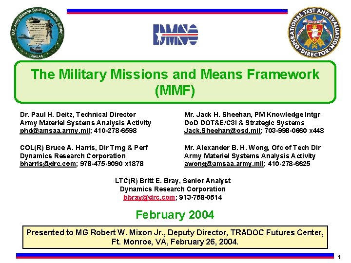 The Military Missions and Means Framework MMF Dr