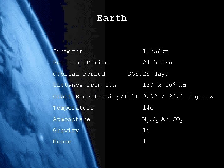 Earth Diameter 12756 km Rotation Period 24 hours