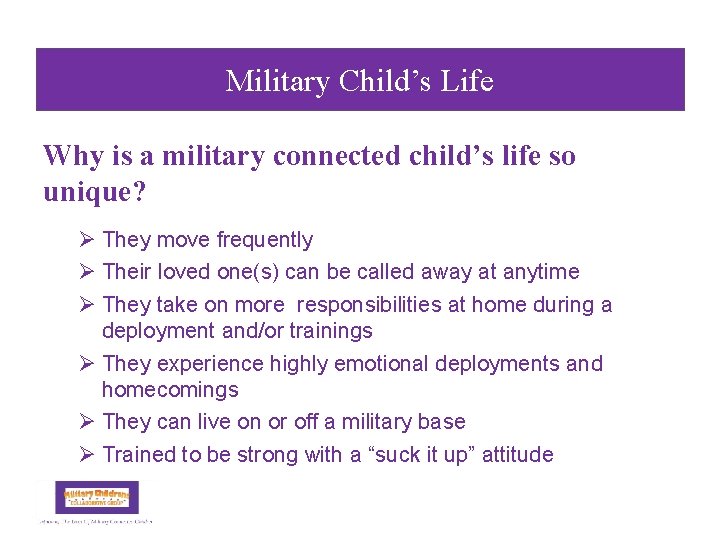 Supporting military connected kids Presented by Debbie Nichols