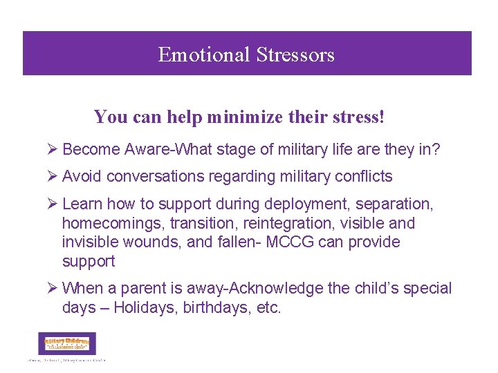 Supporting military connected kids Presented by Debbie Nichols