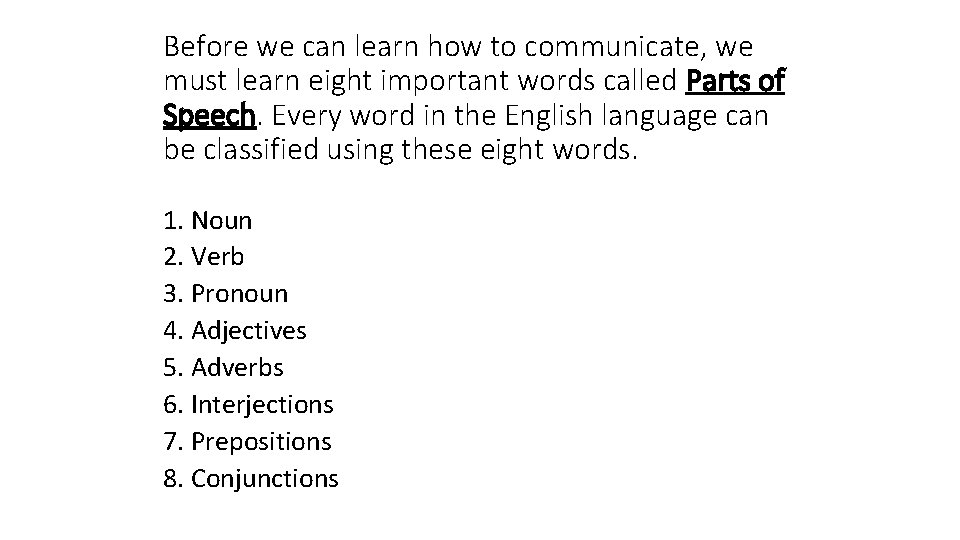 Introduction to High School Grammar Parts of Speech