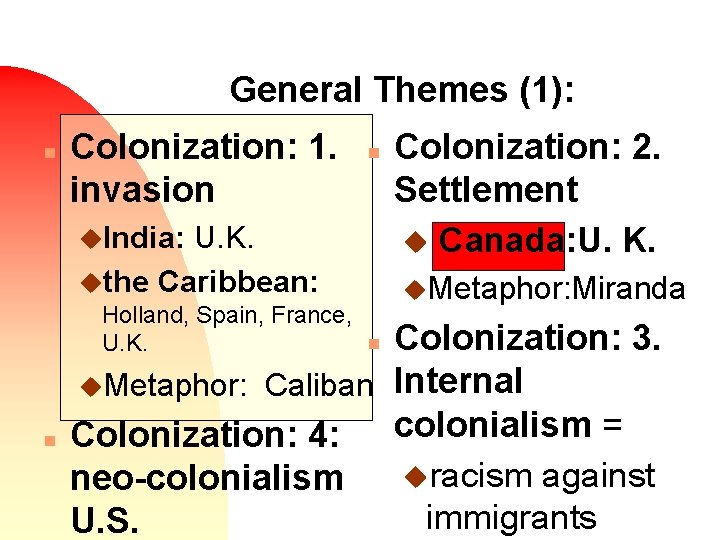 General Themes 1 n Colonization 1 invasion n