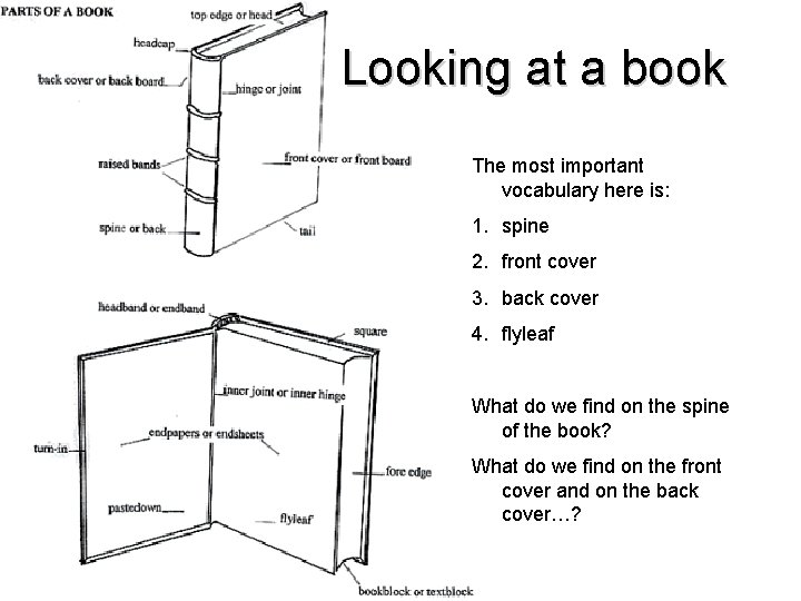 Talking about books Parts of a book There