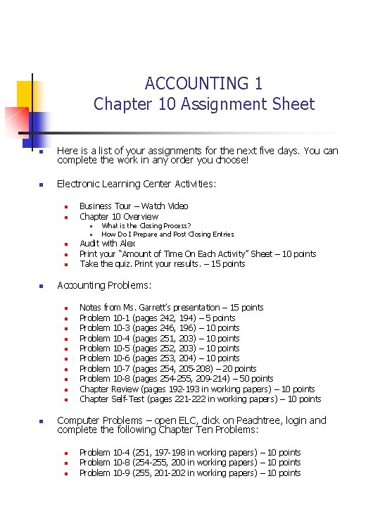 ACCOUNTING 1 Chapter 10 Assignment Sheet n Here