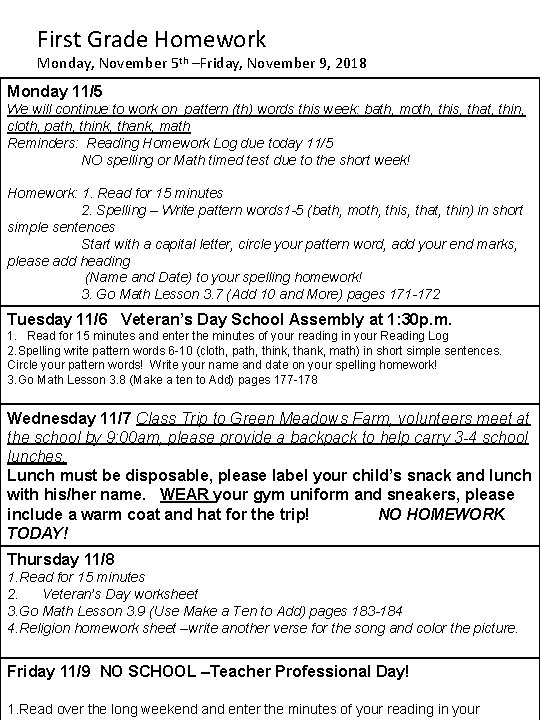 First Grade Homework Monday November 5 th Friday