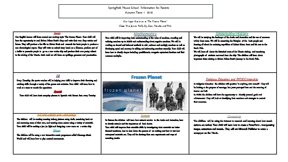 Springfield House School Information for Parents Autumn Term