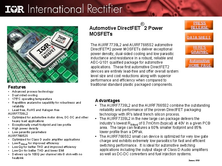 Automotive Direct FET 2 Power MOSFETs Features Advanced
