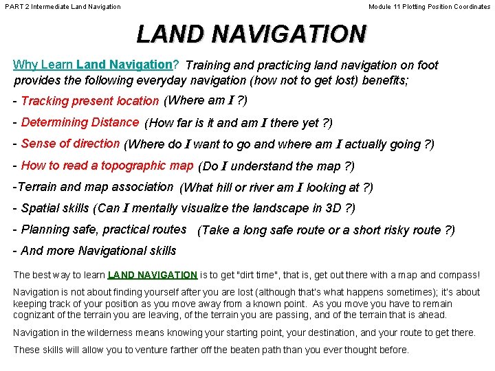 PART 2 Intermediate Land Navigation Module 11 Plotting