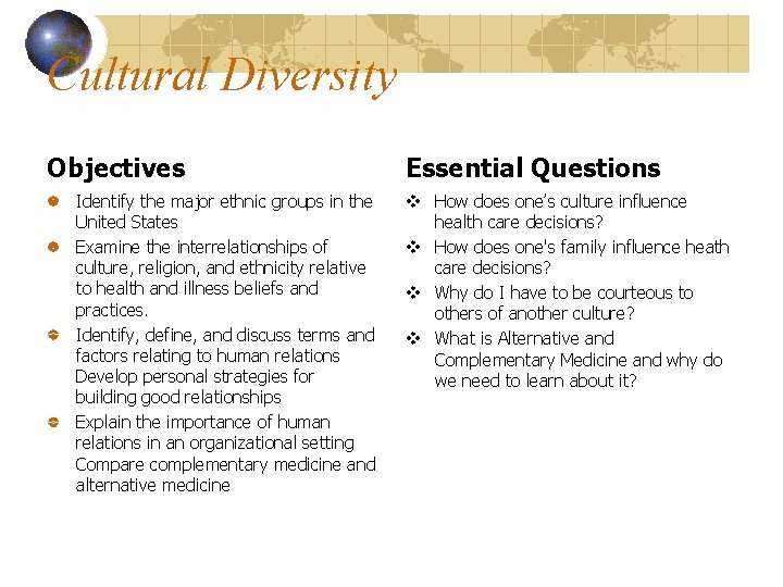 Cultural Diversity Objectives Identify the major ethnic groups