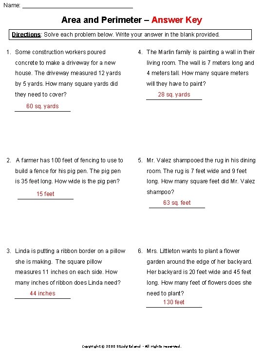 Name Area and Perimeter Directions Solve each problem
