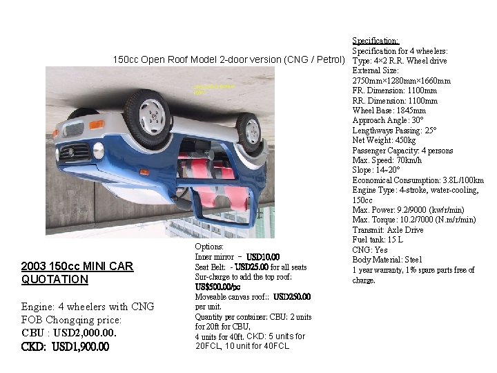 Specification Specification for 4 wheelers 150 cc Open