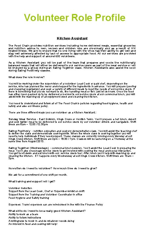 Volunteer Role Profile Kitchen Assistant The Food Chain