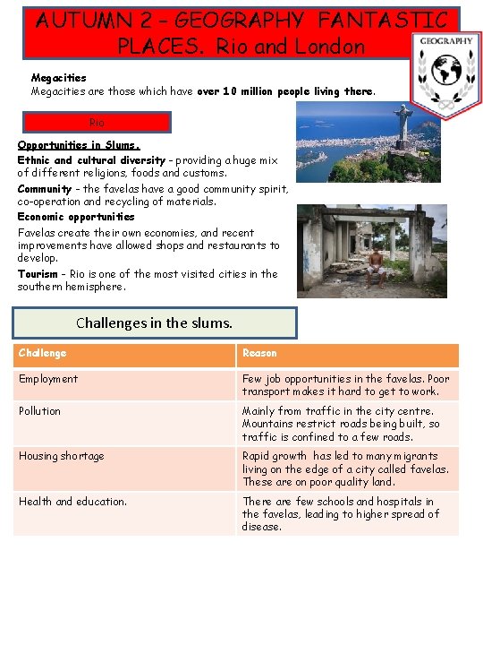 AUTUMN 2 GEOGRAPHY FANTASTIC PLACES Rio and London