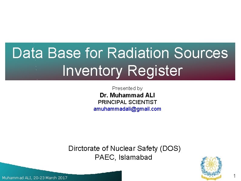 Data Base for Radiation Sources Inventory Register Presented