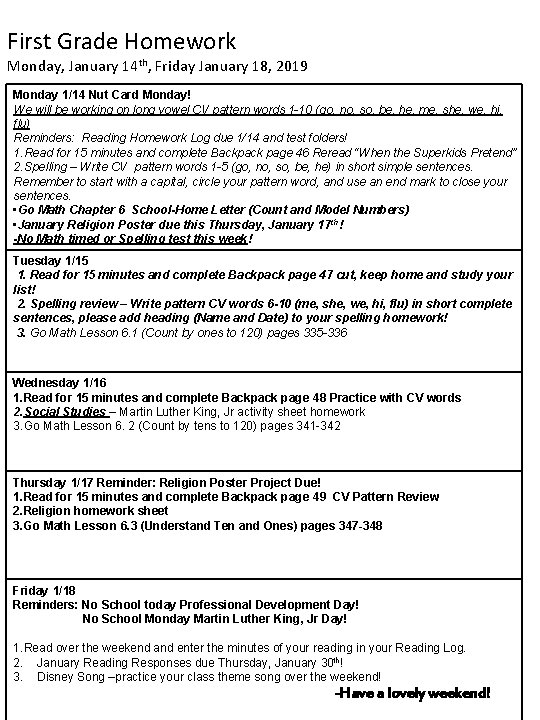 First Grade Homework Monday January 14 th Friday