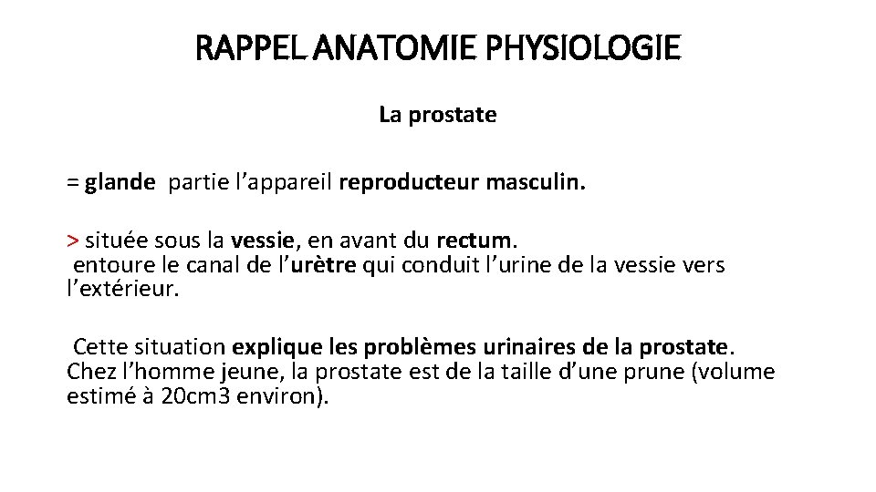 LADENME PROSTATIQUE RAPPEL ANATOMIE PHYSIOLOGIE La prostate glande