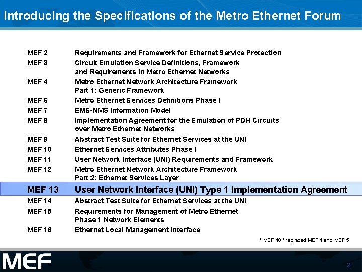Introducing the Specifications of the Metro Ethernet Forum