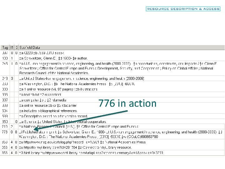 MARC 21 FRBR RDA Objectives Connect MARC fields