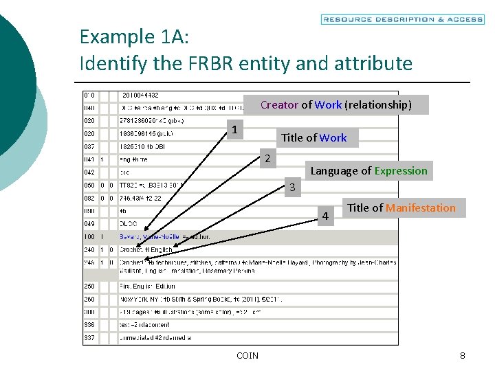 MARC 21 FRBR RDA Objectives Connect MARC fields