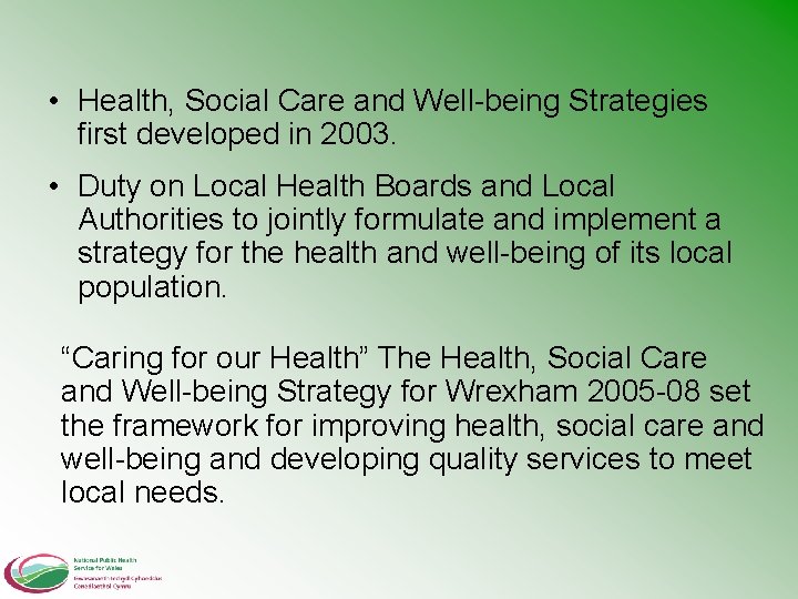 Health Social Care and Wellbeing Strategies in Wales