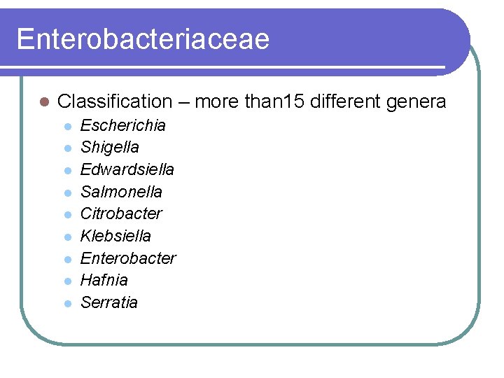 Enterobacteriaceae Enterobacteriaceae l Classification more than 15 ...