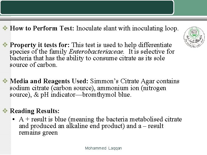 General Microbiology Laboratory Biochemical tests Citrate Utilization test