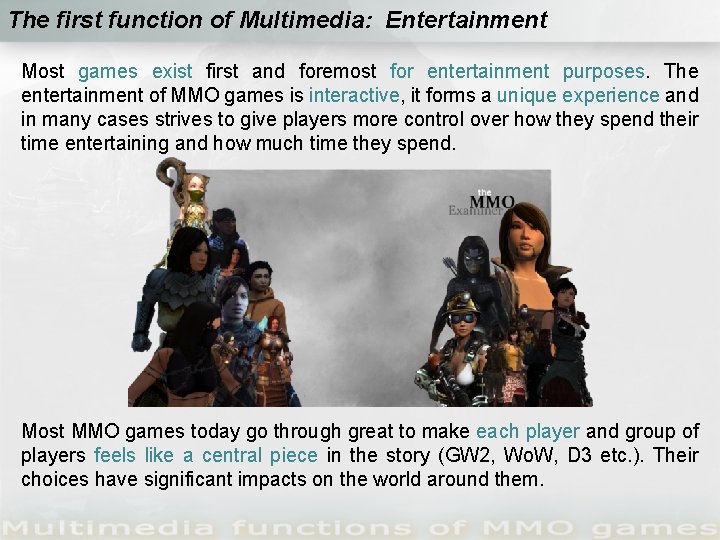 Research of functions of multimedia impacts of MMO