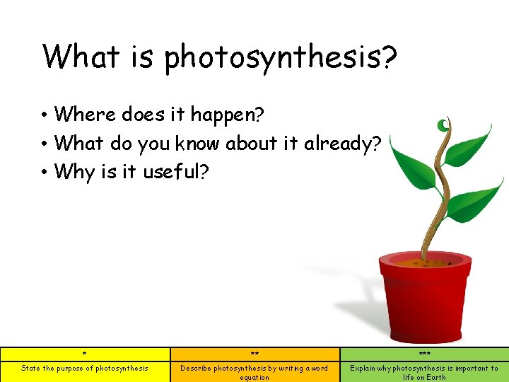 Photosynthesis State the purpose of photosynthesis Describe photosynthesis