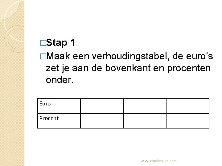 Rekenen met procenten Met gebruik van een verhoudingstabel