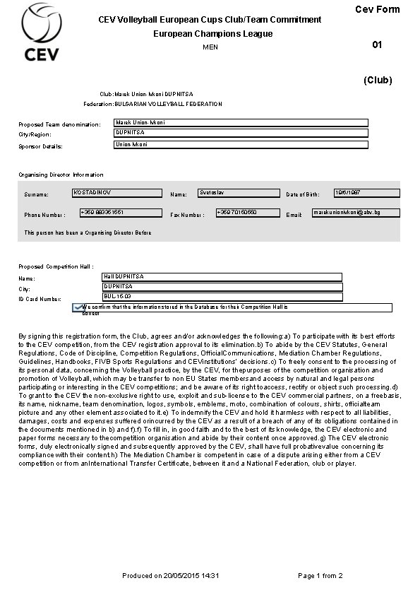 Cev Form CEV Volleyball European Cups ClubTeam Commitment