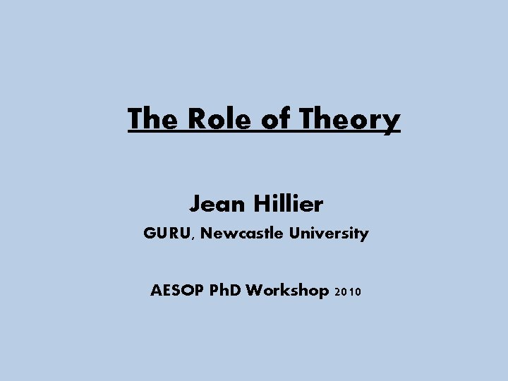 The Role of Theory Jean Hillier GURU Newcastle