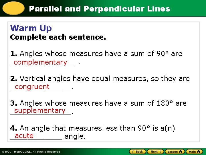 Parallel and Perpendicular Lines Warm Up Problem of