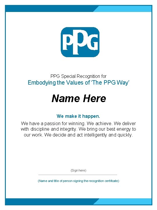 PPG Special Recognition for Embodying the Values of