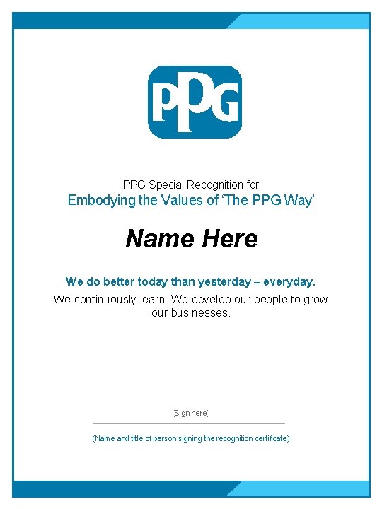 PPG Special Recognition for Embodying the Values of