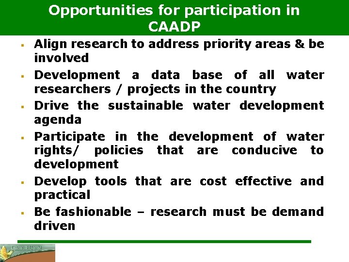 INTRODUCTION TO CAADP Background The CAADP provides a