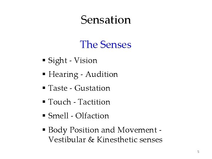 Sensation Perception Sensation The Senses Sight Vision Hearing
