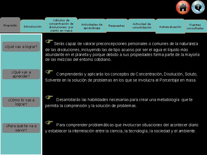 Propsito Introduccin Clculos de concentracin de disoluciones por