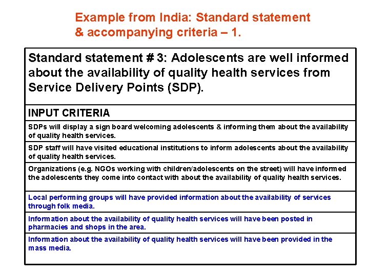 Developing standards accompanying elements of a standardsdriven quality