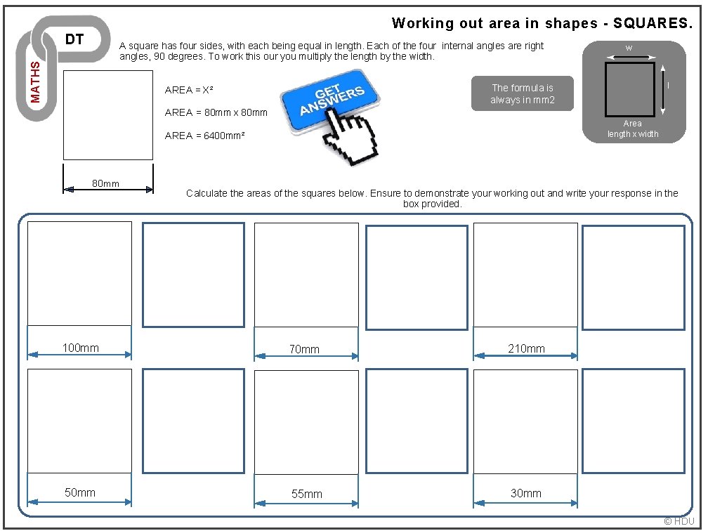 Working out area in shapes SQUARES DT MATHS