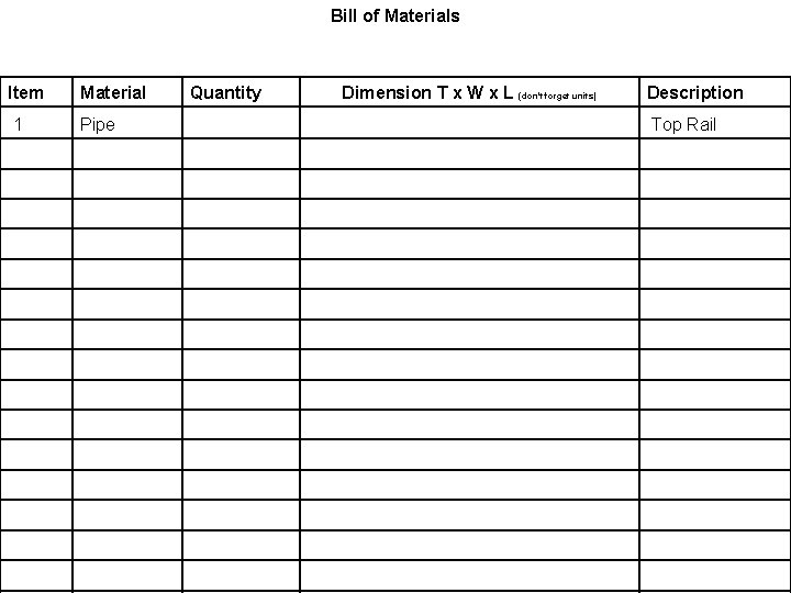 36 1 Pipe Bill of Materials Item Material
