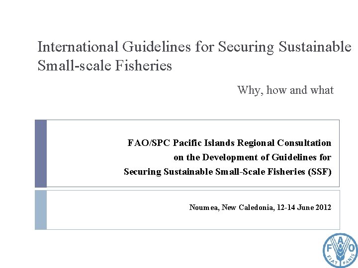 International Guidelines for Securing Sustainable Smallscale Fisheries Why