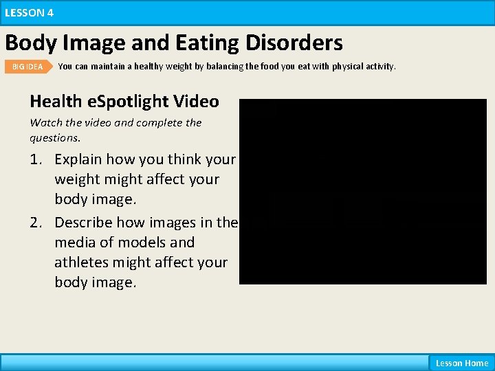 Nutrition Lesson 4 Body Image and Eating Disorders
